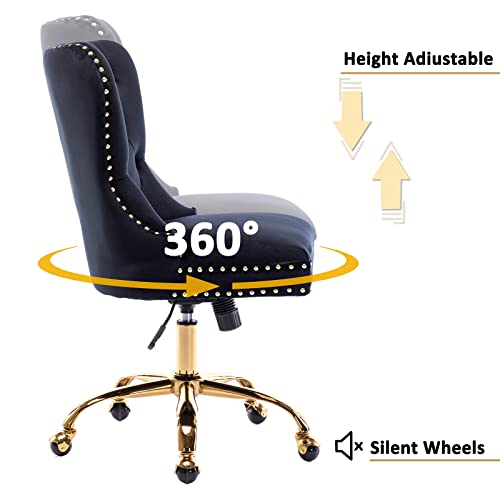 QUINJAY Velvet Home Office Desk Chair, Upholstered Adjustable Swivel Desk Chair with Gold Base, Tufted Study Desk Chair with Comfy High Back for Teens Study Makeup Black