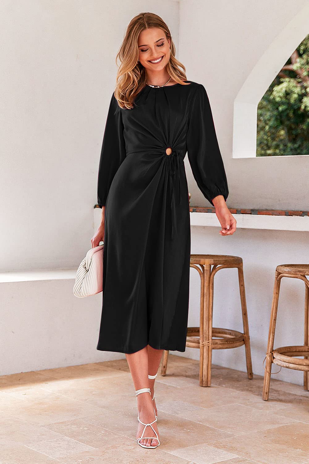 PRETTYGARDEN Women's 2024 Satin Maxi Dress Puff Long Sleeve Crewneck Cutout Casual A-line Long Flowy Dresses (Black,Large)