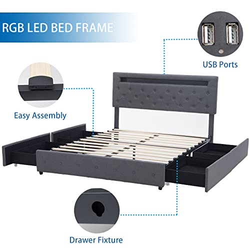 Full LED Bed Frame with Drawers, Upholstered Platform Bed Frame Full Size with Adjustable Button Tufted Headboard and 2 USB Ports, Solid Wooden Slats Support, Dark Grey