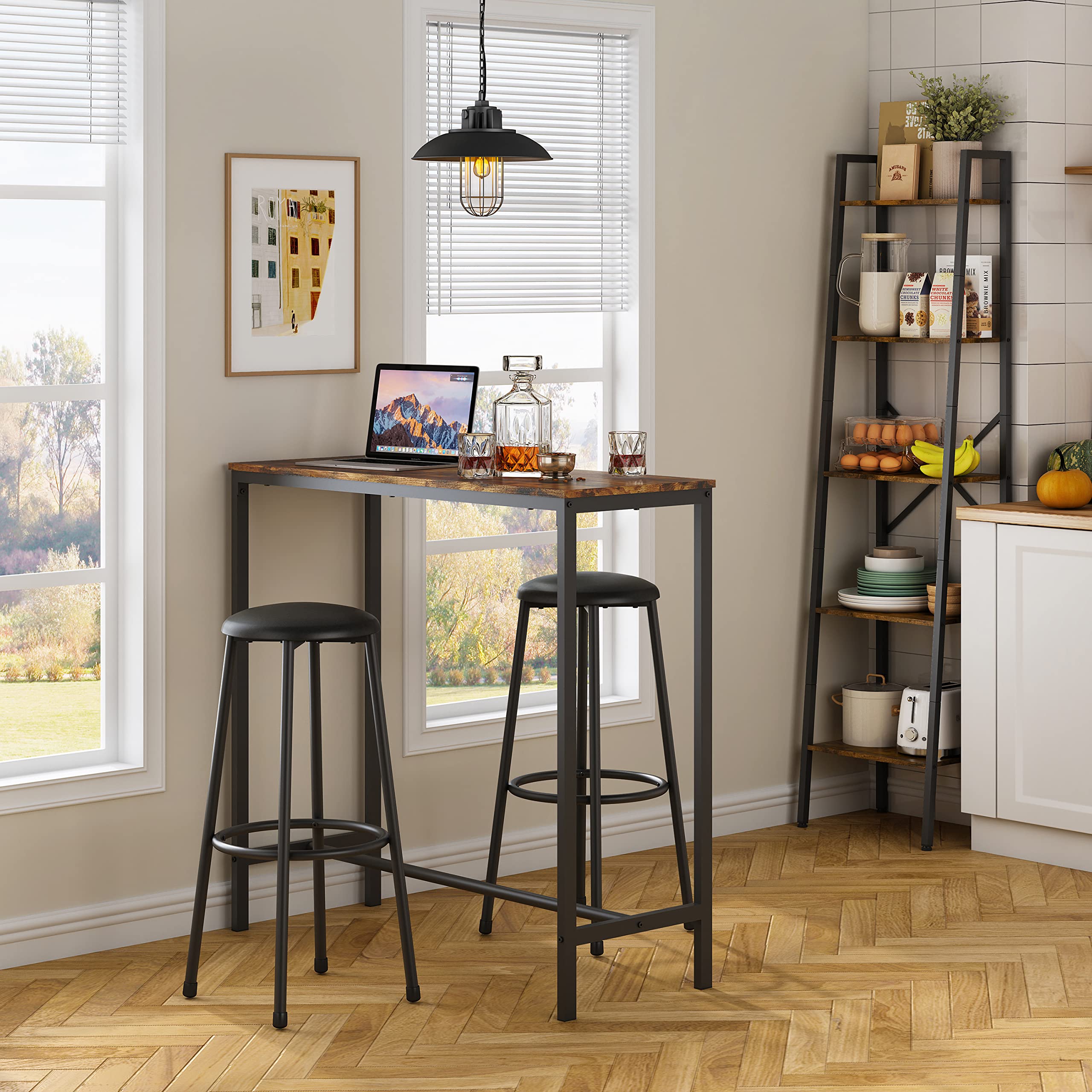 Hoctieon Dining Table with 2 Bar Stools, Rectangle Bar Table and 2 Chairs Set, Small Kitchen Table and Chairs, Bistro Pub Table and Chairs Set of 2 for Café, Kitchen, Living Room, Rustic Brown