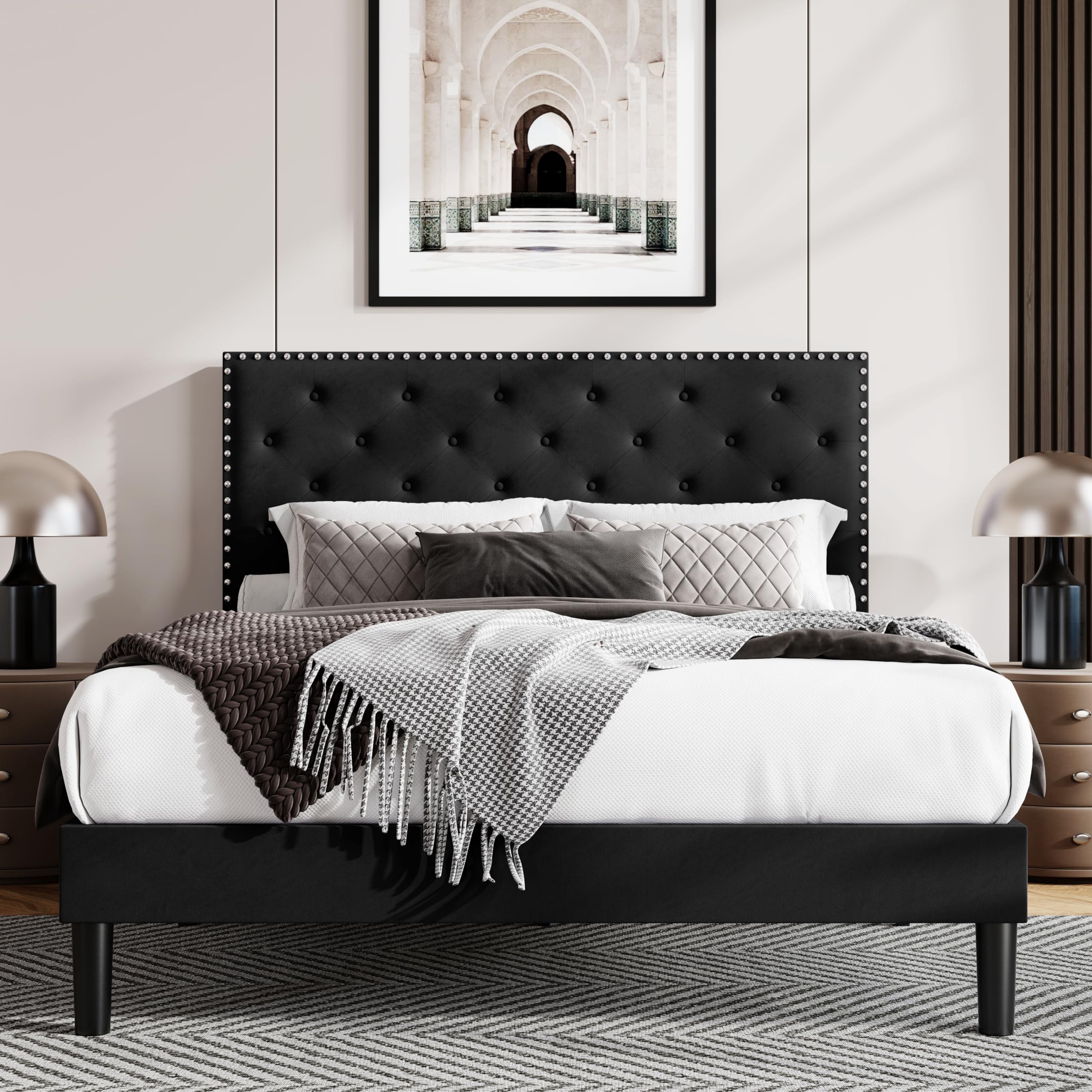 Allewie Full Size Velvet Upholstered Platform Bed Frame with Adjustable Diamond Button Tufted and Nailhead Trim Headboard, Wood Slat Support, Easy Assembly, No Box Spring Needed, Black