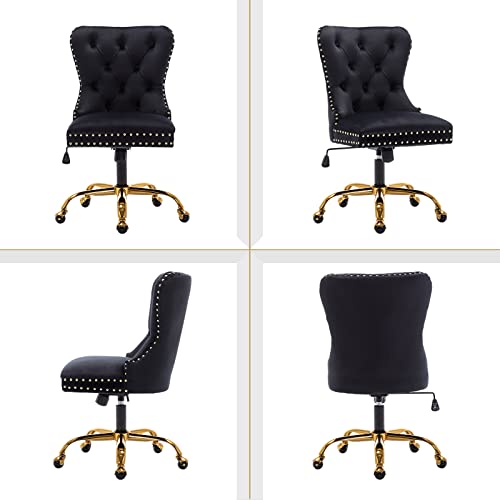 QUINJAY Velvet Home Office Desk Chair, Upholstered Adjustable Swivel Desk Chair with Gold Base, Tufted Study Desk Chair with Comfy High Back for Teens Study Makeup Black