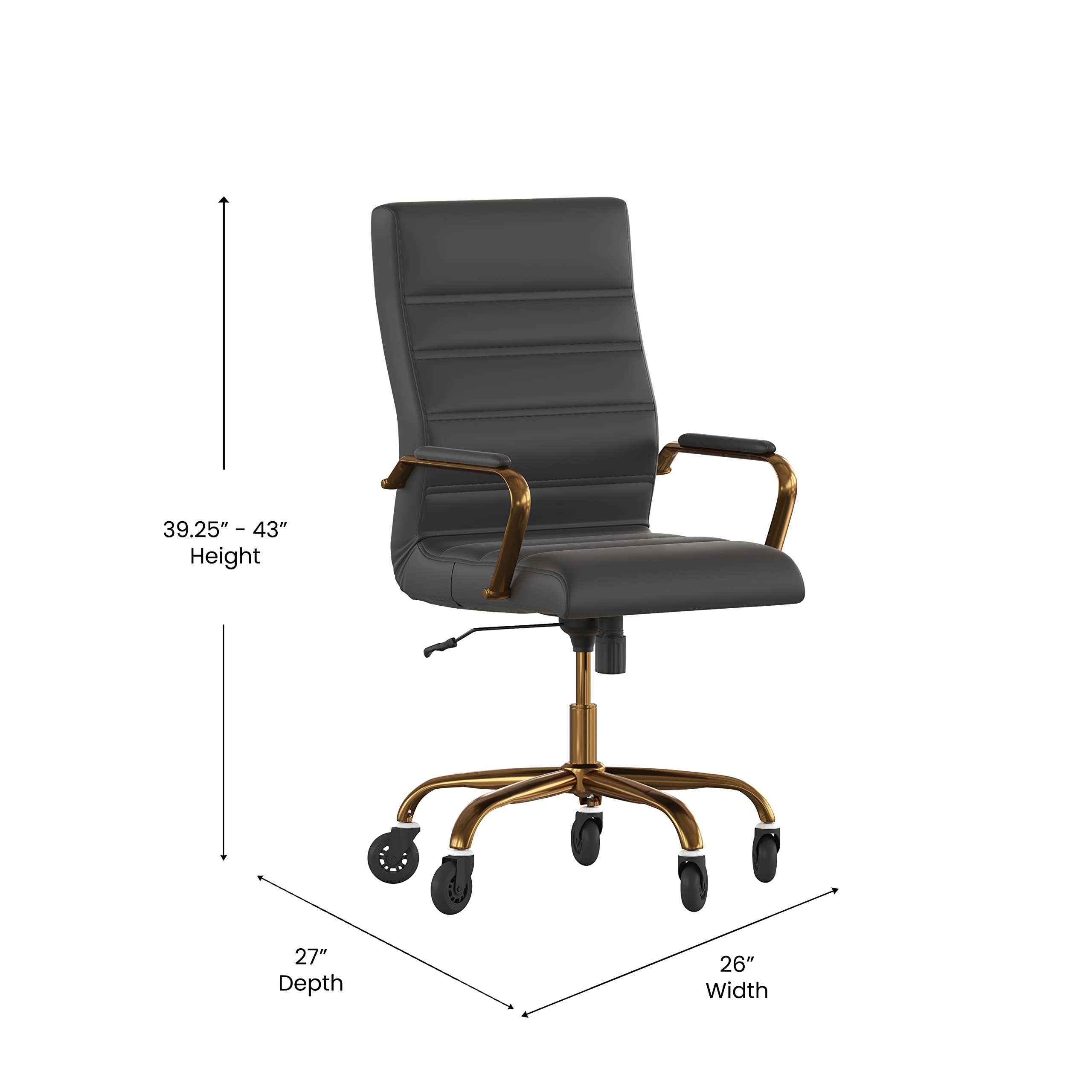 Flash Furniture Whitney High Back Black LeatherSoft Executive Swivel Office Chair with Gold Frame, Arms, and Transparent Roller Wheels