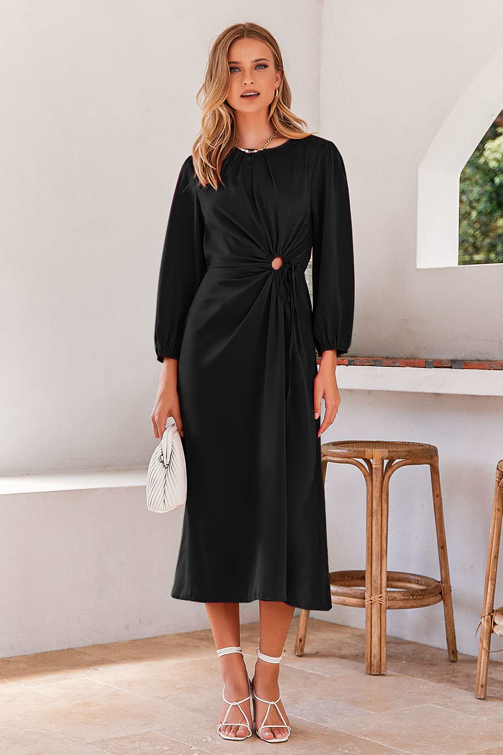 PRETTYGARDEN Women's 2024 Satin Maxi Dress Puff Long Sleeve Crewneck Cutout Casual A-line Long Flowy Dresses (Black,Large)