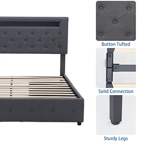 Full LED Bed Frame with Drawers, Upholstered Platform Bed Frame Full Size with Adjustable Button Tufted Headboard and 2 USB Ports, Solid Wooden Slats Support, Dark Grey