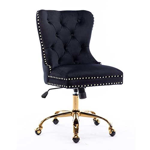 QUINJAY Velvet Home Office Desk Chair, Upholstered Adjustable Swivel Desk Chair with Gold Base, Tufted Study Desk Chair with Comfy High Back for Teens Study Makeup Black