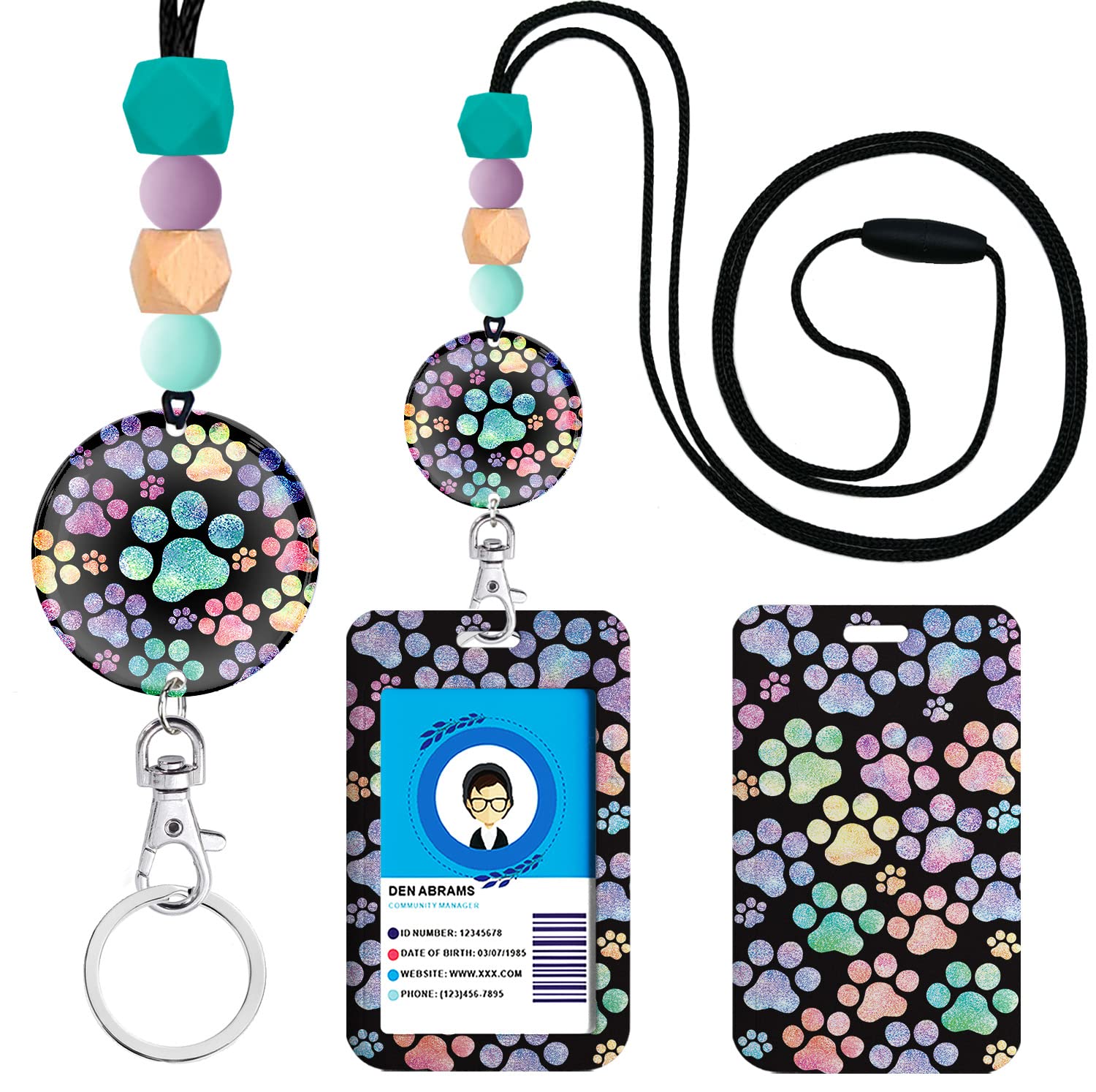 Dog Cat Paw Lanyards for Id Badges and Keys, Cute ID Badge Holder with Lanyard, Silicone Beaded Breakaway Lanyard for Women Teacher Nurse, ID Card Holder Name Badge, Lanyard Keychain
