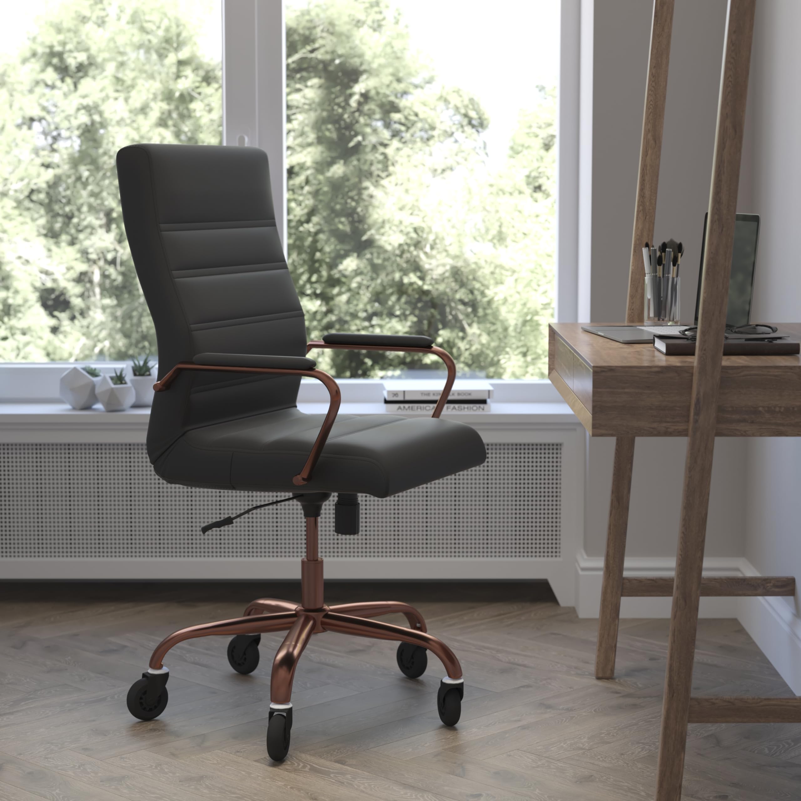 Flash Furniture Whitney High Back Black LeatherSoft Executive Swivel Office Chair with Rose Gold Frame, Arms, and Transparent Roller Wheels