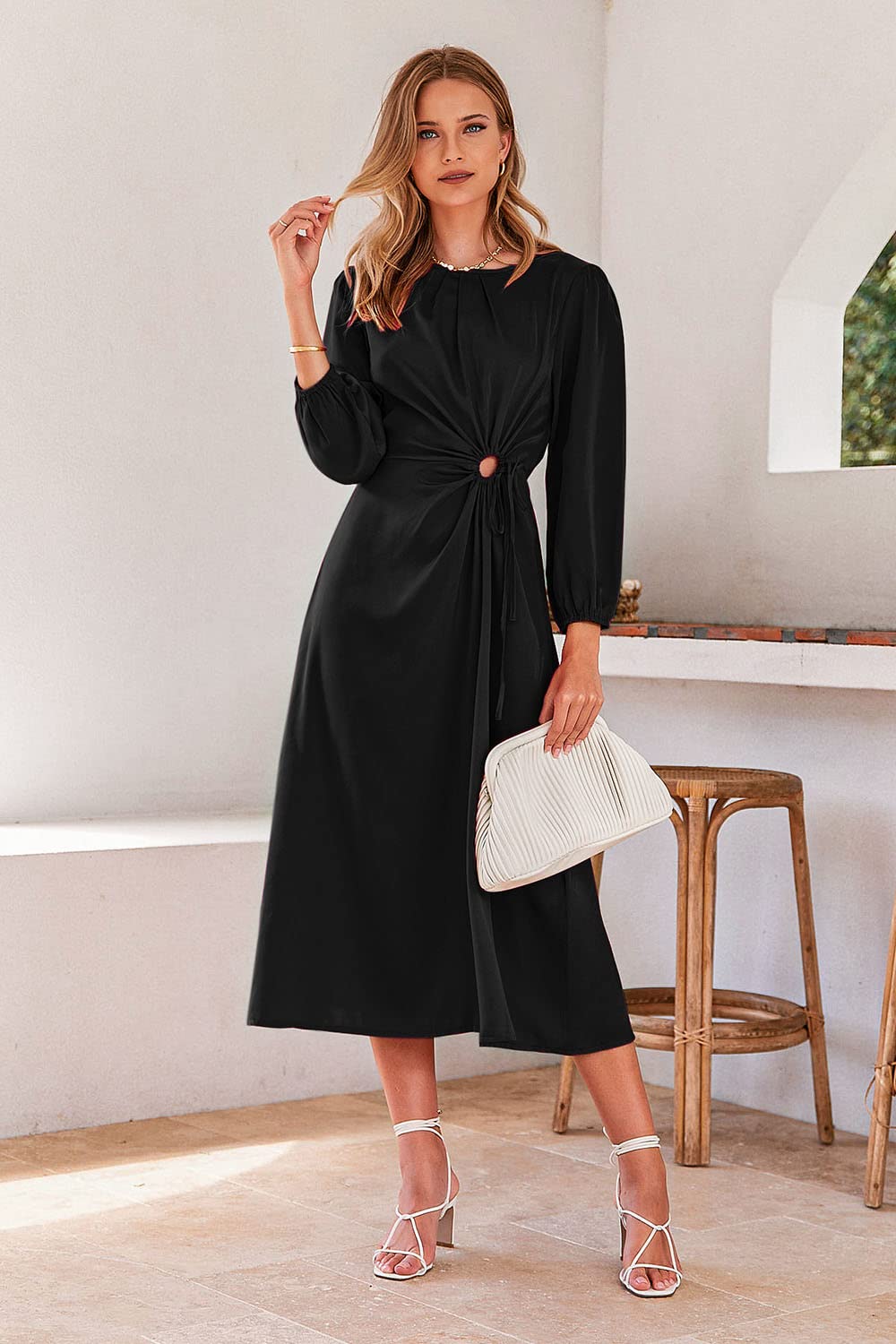 PRETTYGARDEN Women's 2024 Satin Maxi Dress Puff Long Sleeve Crewneck Cutout Casual A-line Long Flowy Dresses (Black,Large)