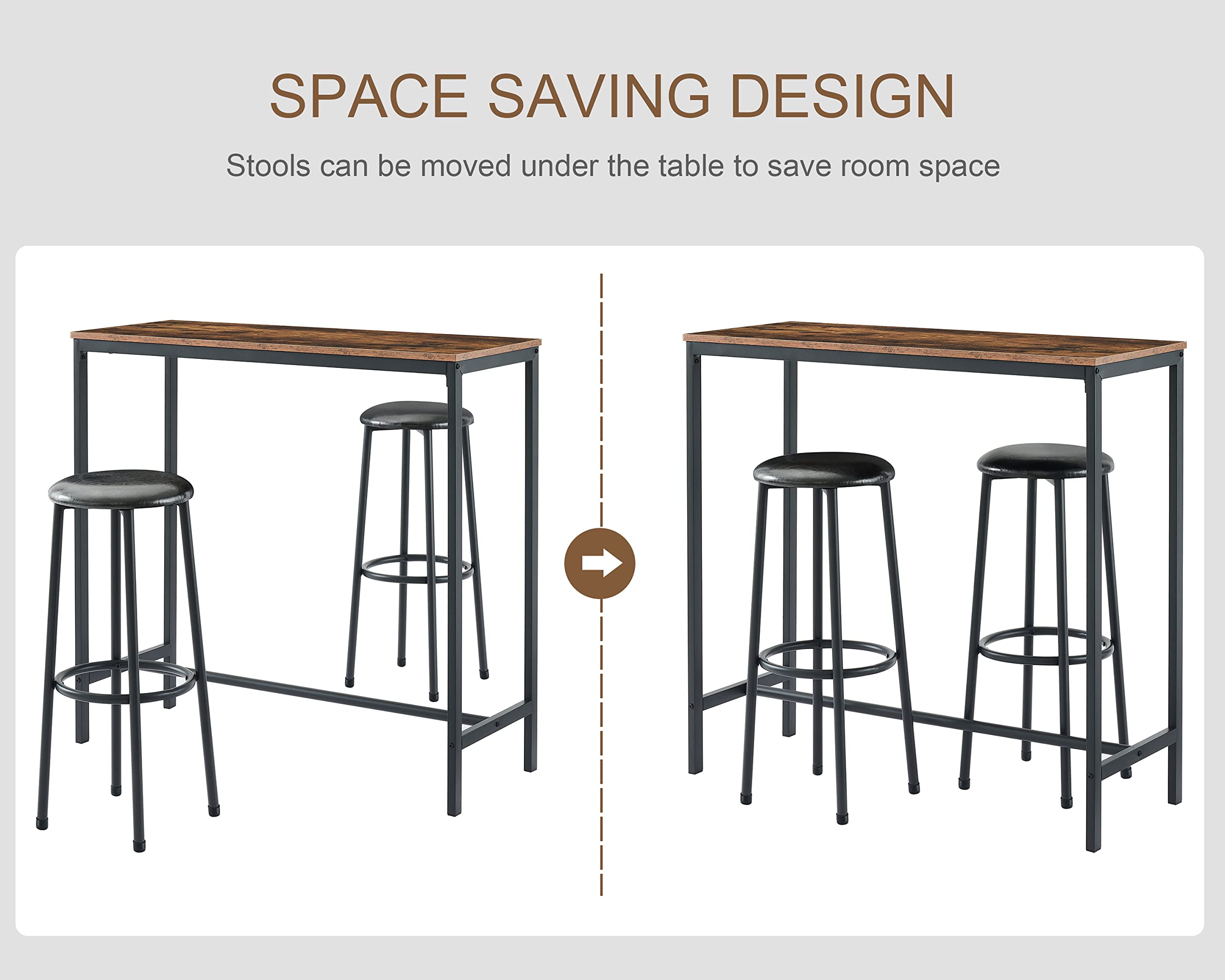Hoctieon Dining Table with 2 Bar Stools, Rectangle Bar Table and 2 Chairs Set, Small Kitchen Table and Chairs, Bistro Pub Table and Chairs Set of 2 for Café, Kitchen, Living Room, Rustic Brown