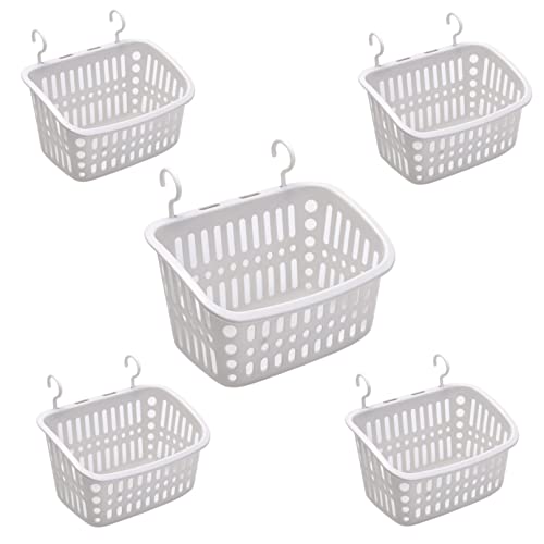 Doitxue 5PCS Plastic Hanging Baskets for Shower, Hanging Basket Organizer with Hooks, Rectangle 10.6Inches Small Hanging Storage Basket (Grey)
