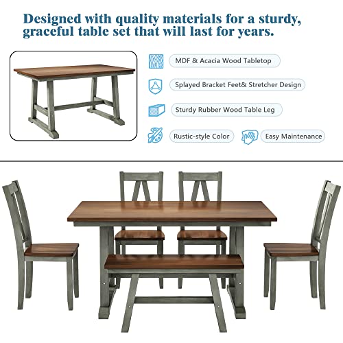 Harper & Bright Designs 6-Piece Dining Set, Farmhouse Style Wood Dining Table and 4 Dining Chairs & Long Bench, Kitchen Table Set, Walnut+Gray