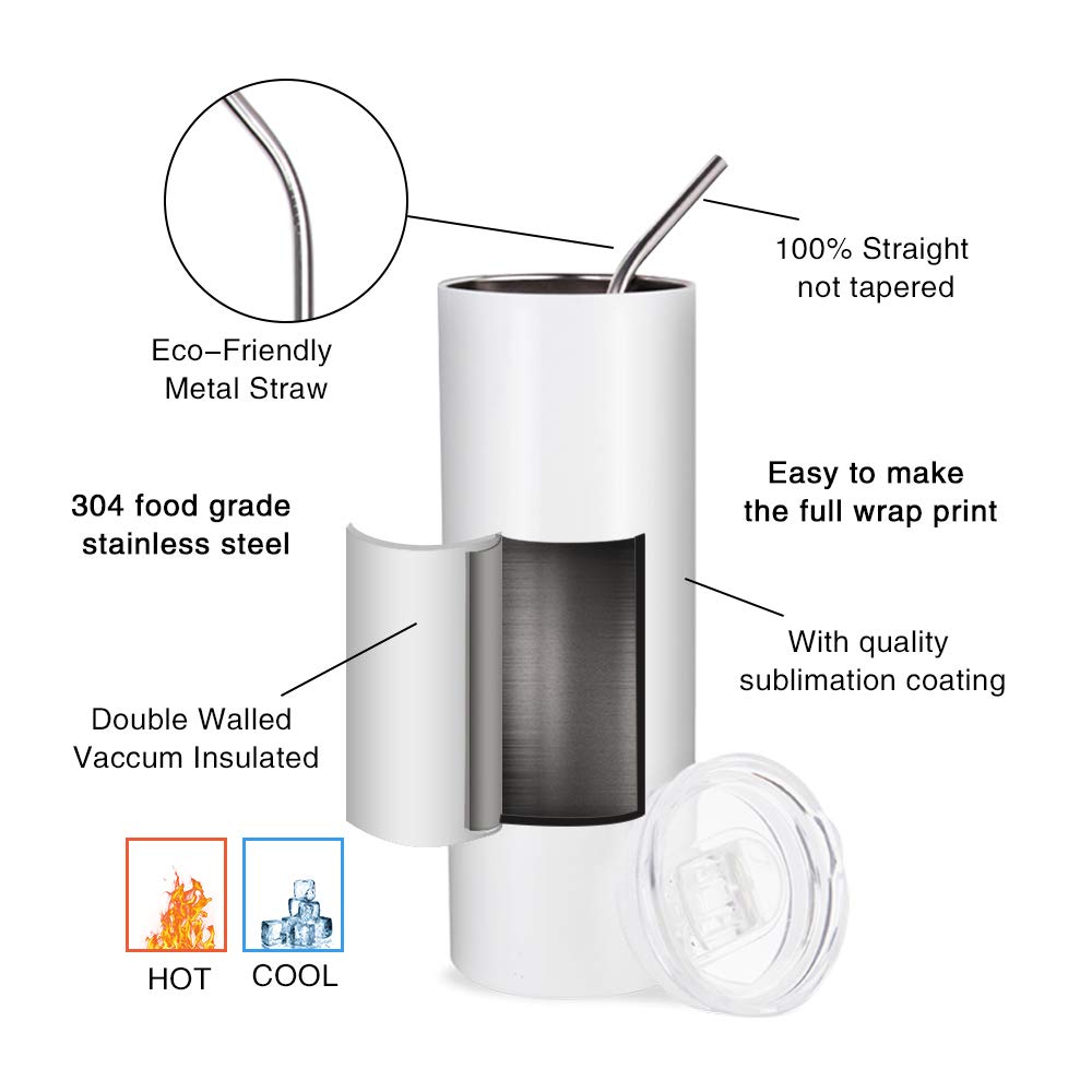 PYD Life 8 Pack Sublimation Tumblers Blanks 20 OZ Skinny White Straight Stainless Steel Cups with 10 PCS Shrink Wrap Film for Tumbler Press Machine Sublimation Oven Sublimation Printing