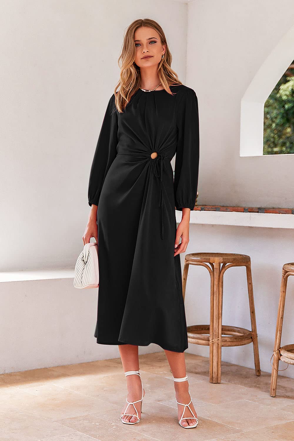 PRETTYGARDEN Women's 2024 Satin Maxi Dress Puff Long Sleeve Crewneck Cutout Casual A-line Long Flowy Dresses (Black,Large)