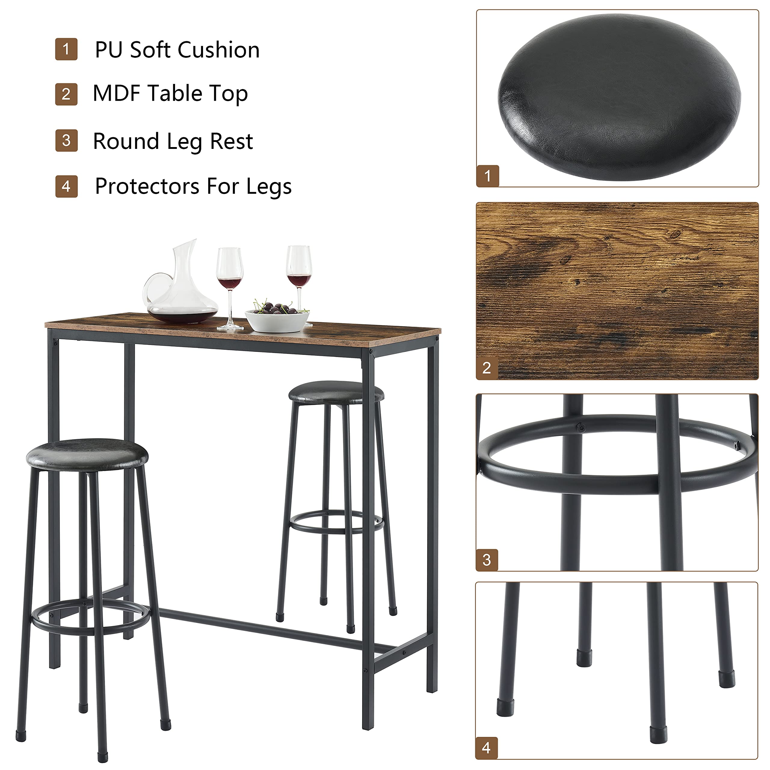 Hoctieon Dining Table with 2 Bar Stools, Rectangle Bar Table and 2 Chairs Set, Small Kitchen Table and Chairs, Bistro Pub Table and Chairs Set of 2 for Café, Kitchen, Living Room, Rustic Brown