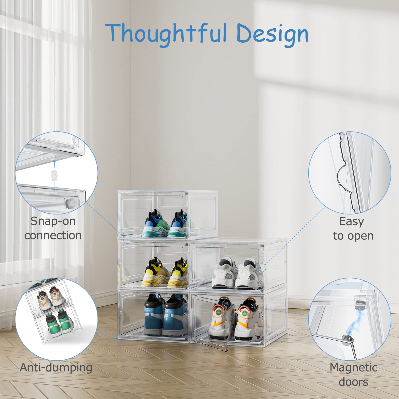 Shoe Storage Boxes, Shoe Organizer Shoe Display Case, Shoe Holder Clear Plastic Stackable Sneaker Box, Zapateras Organizer for Closet Drop Front Shoe Box Fit up to US Size 12(13.4”x 10.5”x 7.4”)