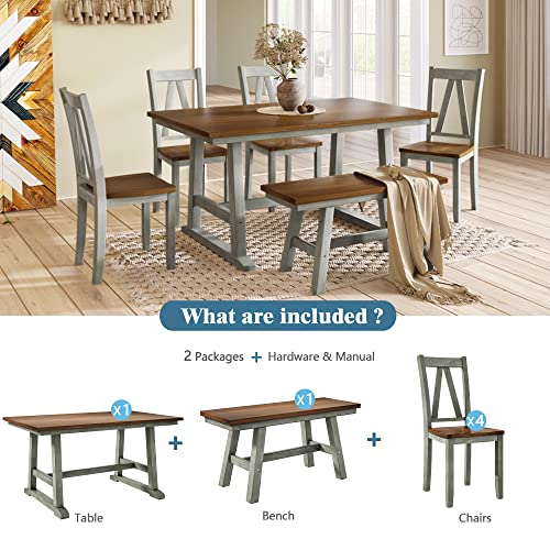 Harper & Bright Designs 6-Piece Dining Set, Farmhouse Style Wood Dining Table and 4 Dining Chairs & Long Bench, Kitchen Table Set, Walnut+Gray