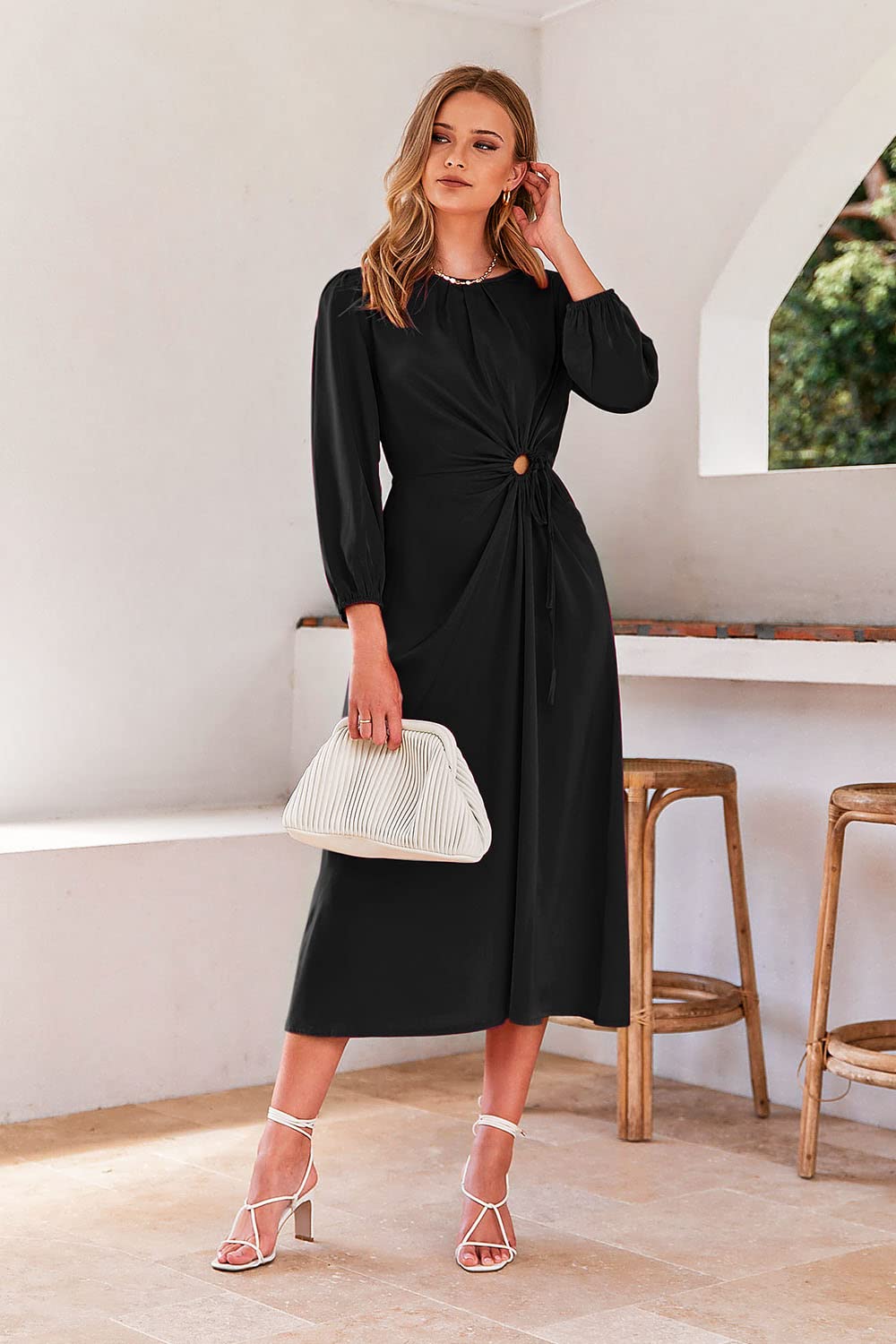PRETTYGARDEN Women's 2024 Satin Maxi Dress Puff Long Sleeve Crewneck Cutout Casual A-line Long Flowy Dresses (Black,Large)