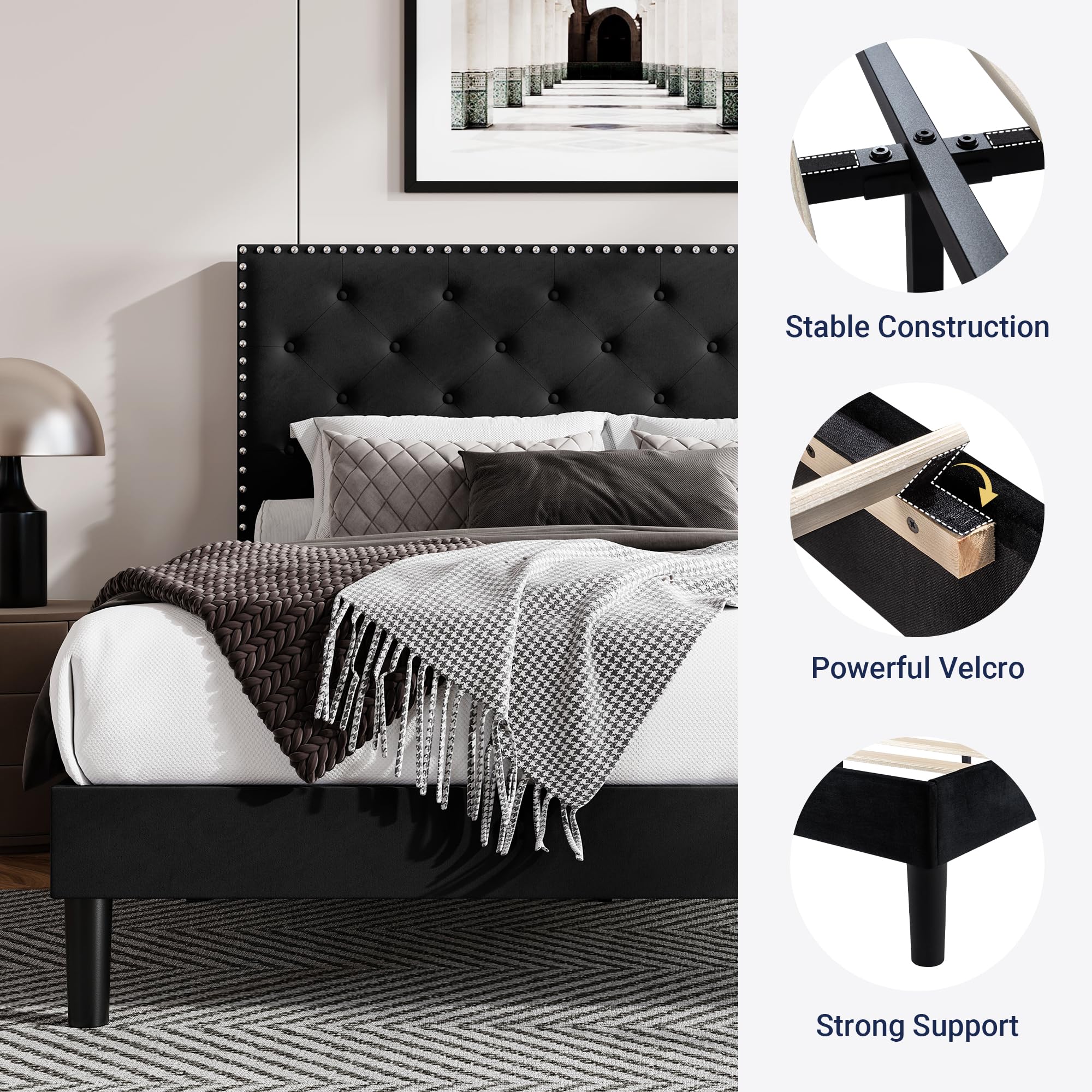 Allewie Full Size Velvet Upholstered Platform Bed Frame with Adjustable Diamond Button Tufted and Nailhead Trim Headboard, Wood Slat Support, Easy Assembly, No Box Spring Needed, Black