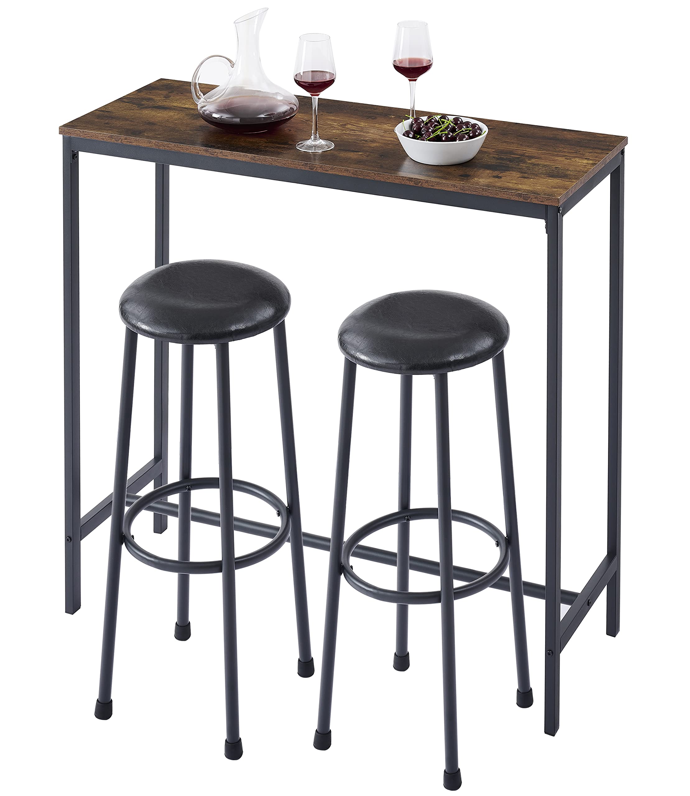 Hoctieon Dining Table with 2 Bar Stools, Rectangle Bar Table and 2 Chairs Set, Small Kitchen Table and Chairs, Bistro Pub Table and Chairs Set of 2 for Café, Kitchen, Living Room, Rustic Brown