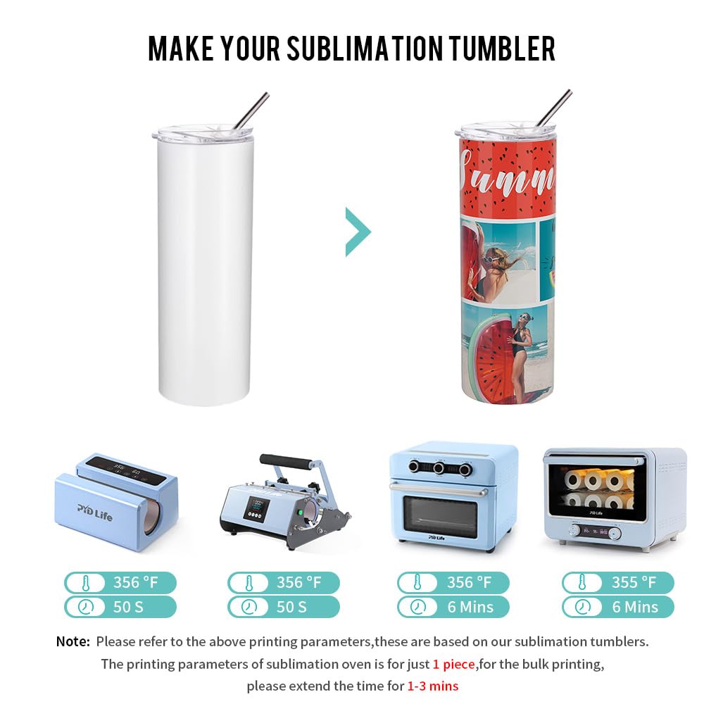 PYD Life 8 Pack Sublimation Tumblers Blanks 20 OZ Skinny White Straight Stainless Steel Cups with 10 PCS Shrink Wrap Film for Tumbler Press Machine Sublimation Oven Sublimation Printing