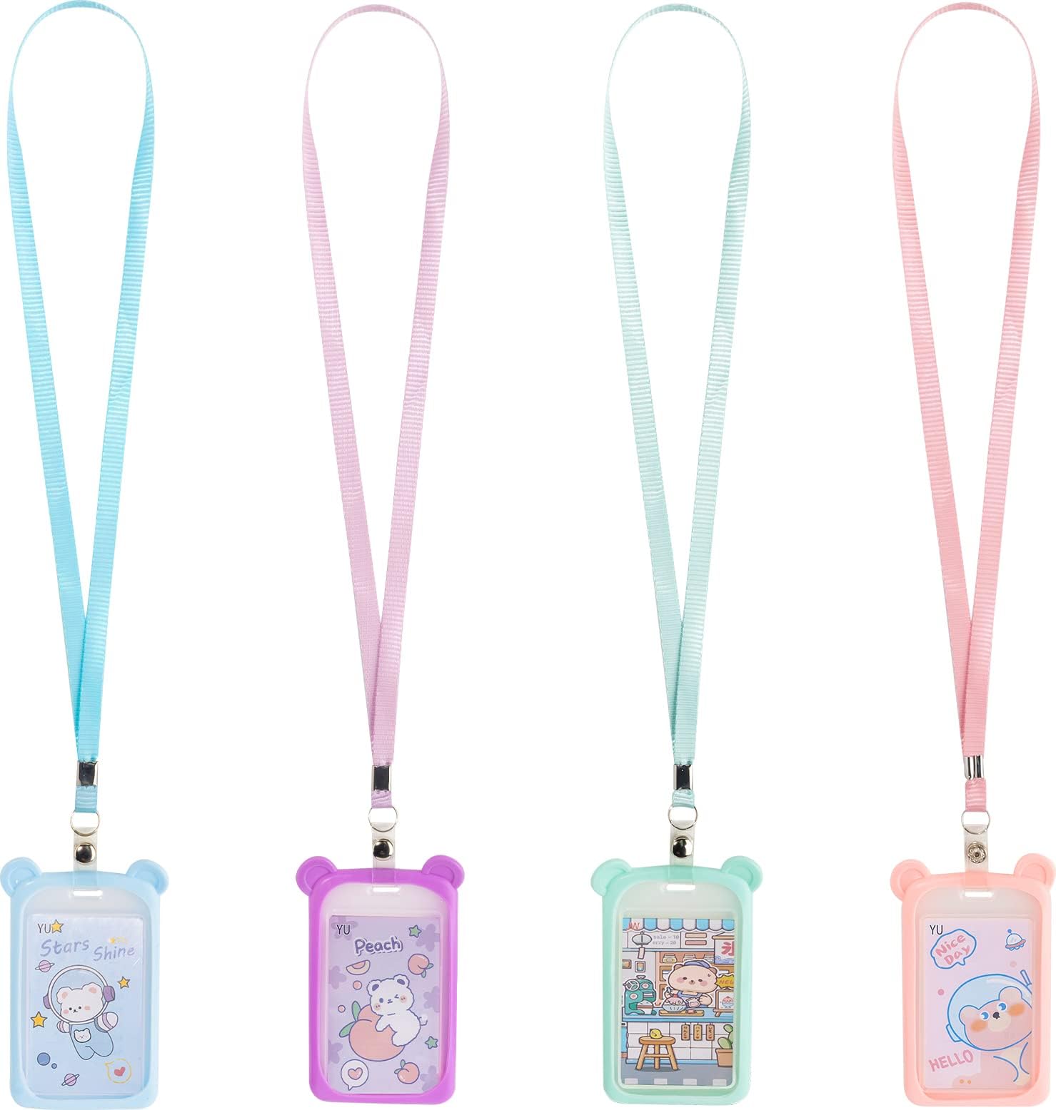 IUAQDP 4 Pieces Little Bear Ear ID Badge Holder with Flat Neck Lanyard, Cute Cartoon Animal Name Card Case Nametags Protector, Hanging Credit Card Cover for Nurse Student Women Girl Boy School Office