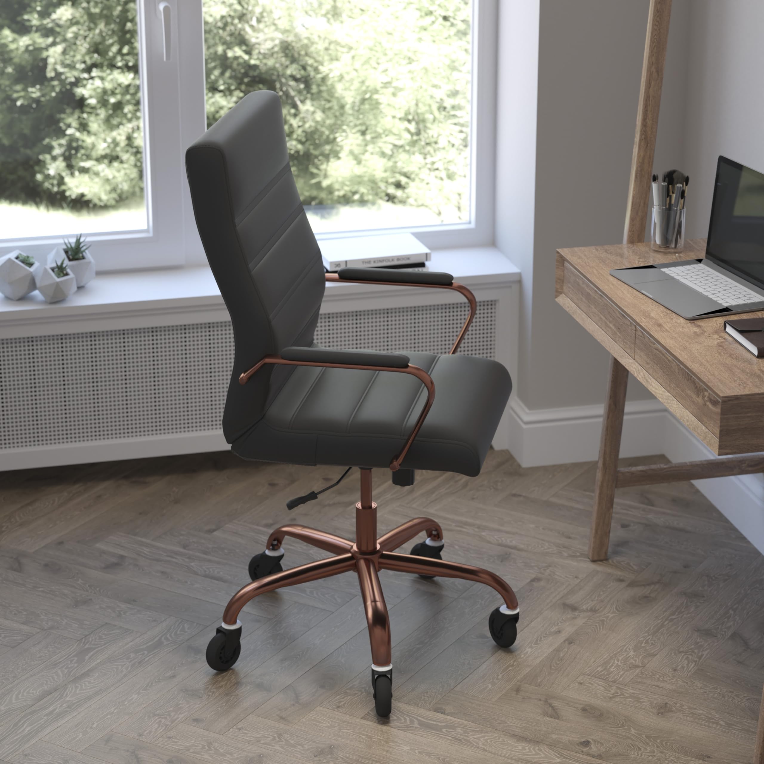 Flash Furniture Whitney High Back Black LeatherSoft Executive Swivel Office Chair with Rose Gold Frame, Arms, and Transparent Roller Wheels