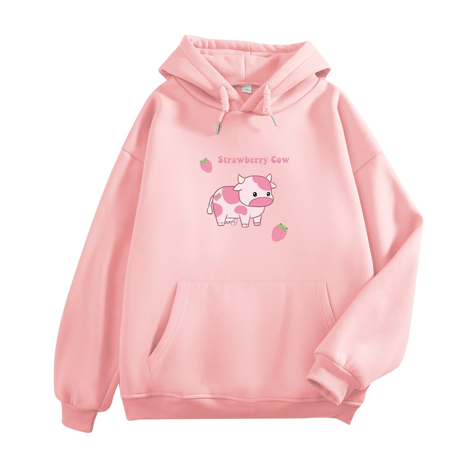 KEEVICI Cute Strawberry Cow Hoodies for Teen Girls Pastel Pink Sweatshirt Aesthetic Kawaii Sweater Warm Hooded Pullover Tops