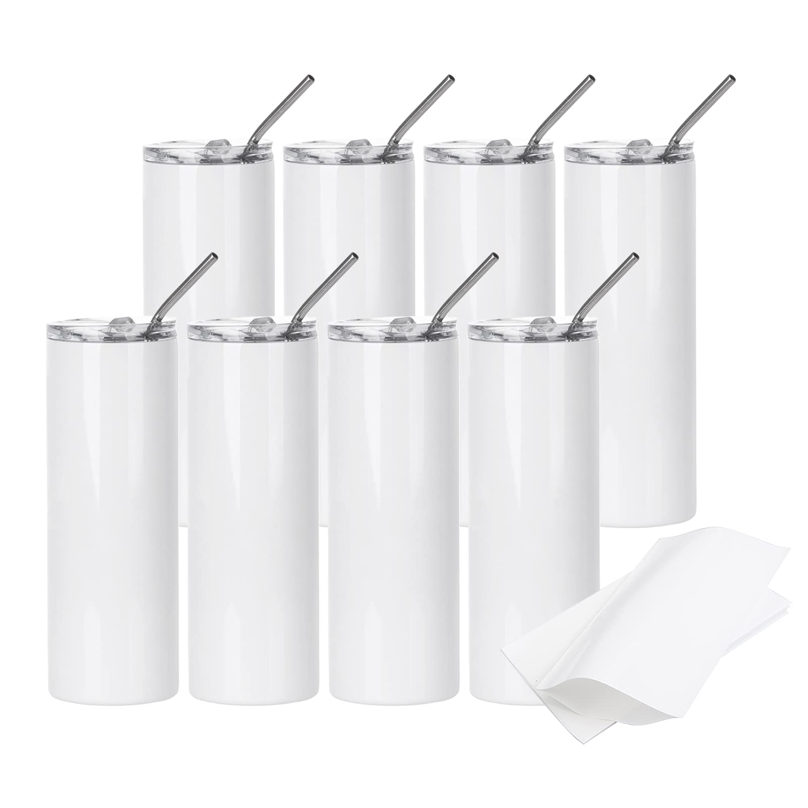 PYD Life 8 Pack Sublimation Tumblers Blanks 20 OZ Skinny White Straight Stainless Steel Cups with 10 PCS Shrink Wrap Film for Tumbler Press Machine Sublimation Oven Sublimation Printing