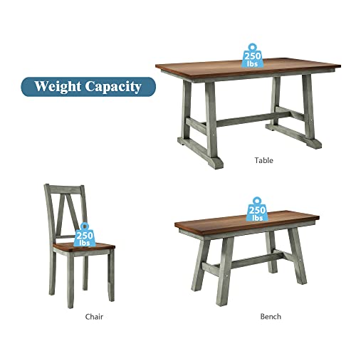 Harper & Bright Designs 6-Piece Dining Set, Farmhouse Style Wood Dining Table and 4 Dining Chairs & Long Bench, Kitchen Table Set, Walnut+Gray