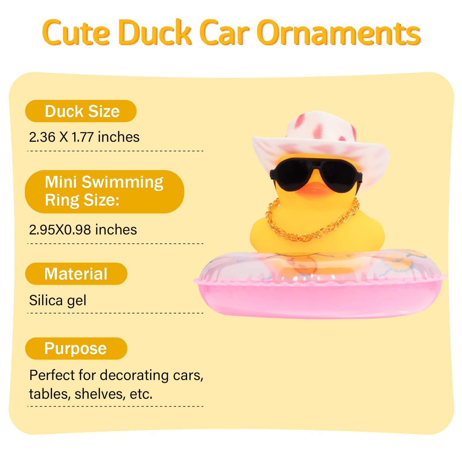 wonuu Car Rubber Duck Car Duck Decoration Dashboard Car Ornament for Car Dashboard Decoration Accessories with Mini Sun Hat Swim Ring Necklace and Sunglasses