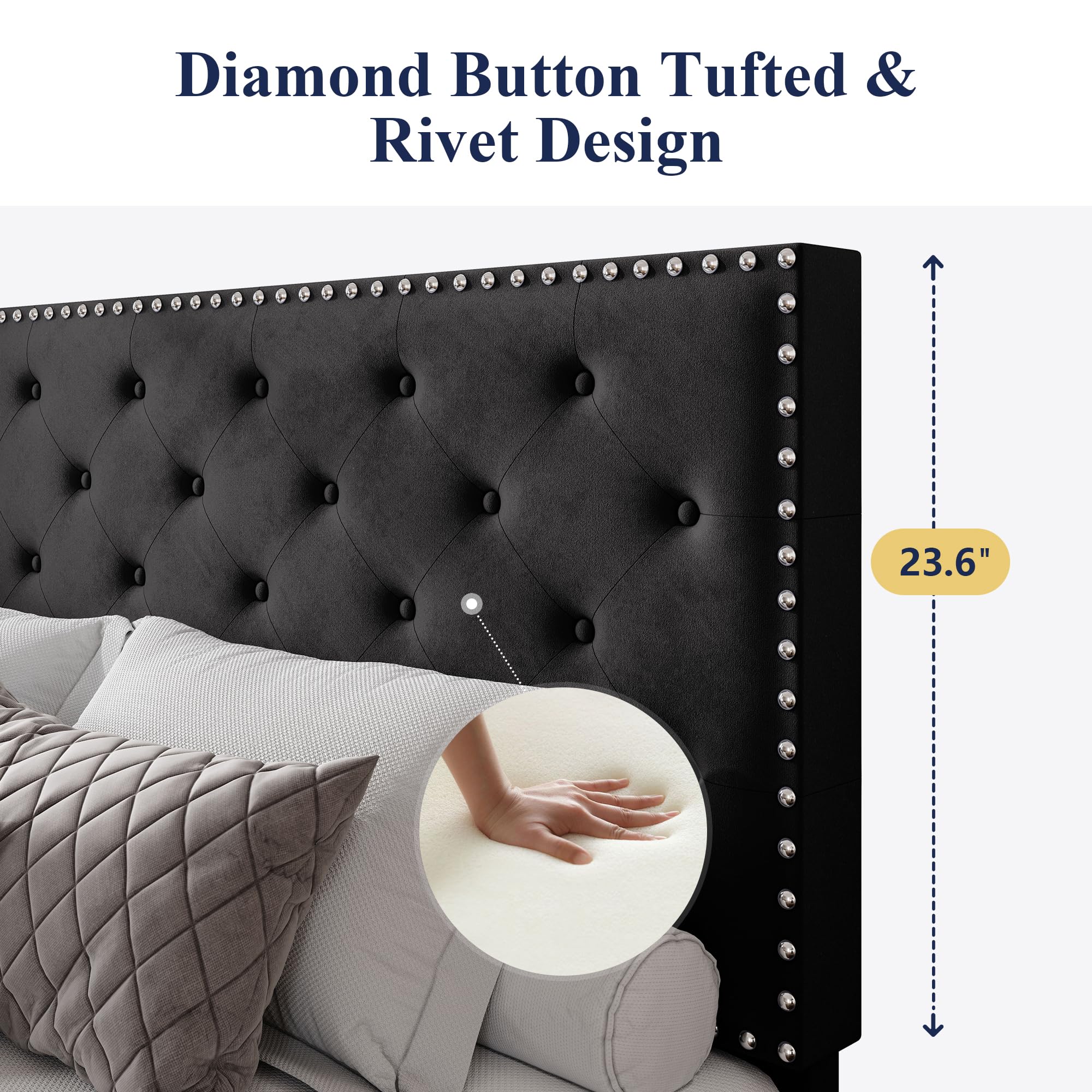 Allewie Full Size Velvet Upholstered Platform Bed Frame with Adjustable Diamond Button Tufted and Nailhead Trim Headboard, Wood Slat Support, Easy Assembly, No Box Spring Needed, Black