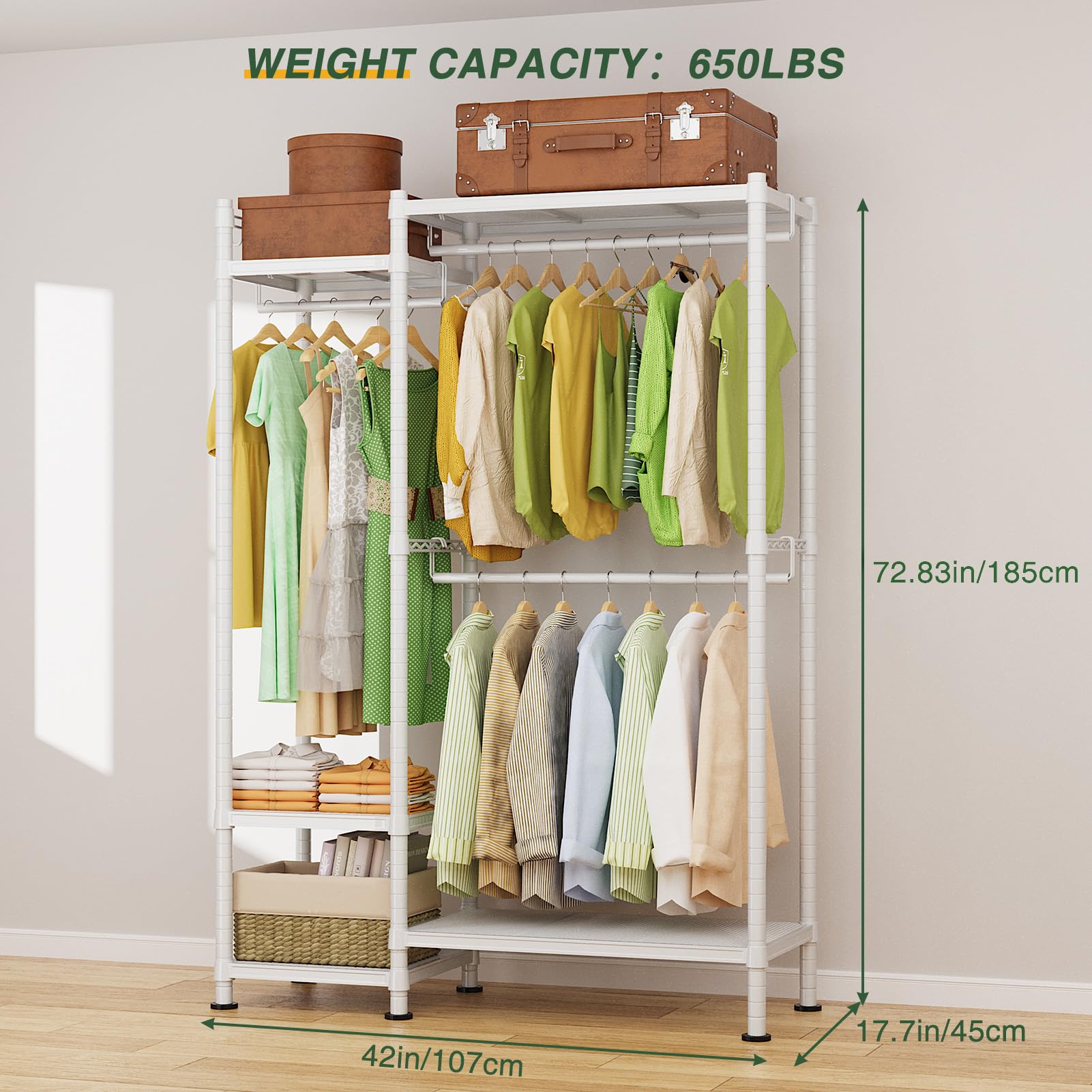 LEHOM G3 Garment Rack Heavy Duty Clothes Rack for Hanging Clothes, Freestanding Portable Wire Clothing Rack with Shelves, Adjustable Wardrobe Closet Rack, DIY Hanging Clothes Racks for Bedroom,White