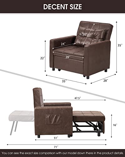 XSPRACER [Updated Convertible Chair Bed, Sleeper Sofa 3 in 1, Stepless Adjustable Backrest,Armchair, Sofa, Bed, PU Imitation, Brown, Single One