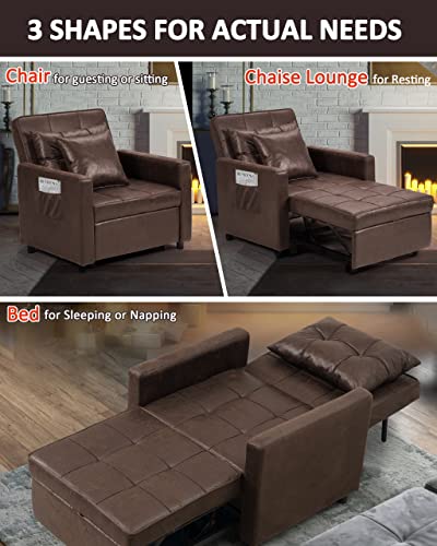 XSPRACER [Updated Convertible Chair Bed, Sleeper Sofa 3 in 1, Stepless Adjustable Backrest,Armchair, Sofa, Bed, PU Imitation, Brown, Single One