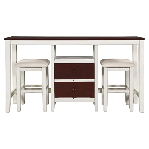 JIVOIT 3-Piece Counter Height Dining Table Set with 2 Storage Drawers and 2 Upholstered Stools, Open Shelve, Farmhouse Rustic Wooden Bar Set Bistro Dining Set (Brown+White with 2 Stools)