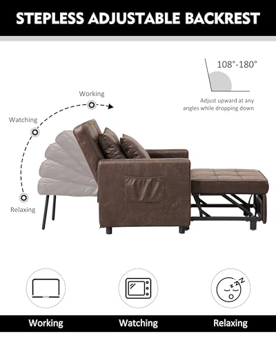 XSPRACER [Updated Convertible Chair Bed, Sleeper Sofa 3 in 1, Stepless Adjustable Backrest,Armchair, Sofa, Bed, PU Imitation, Brown, Single One