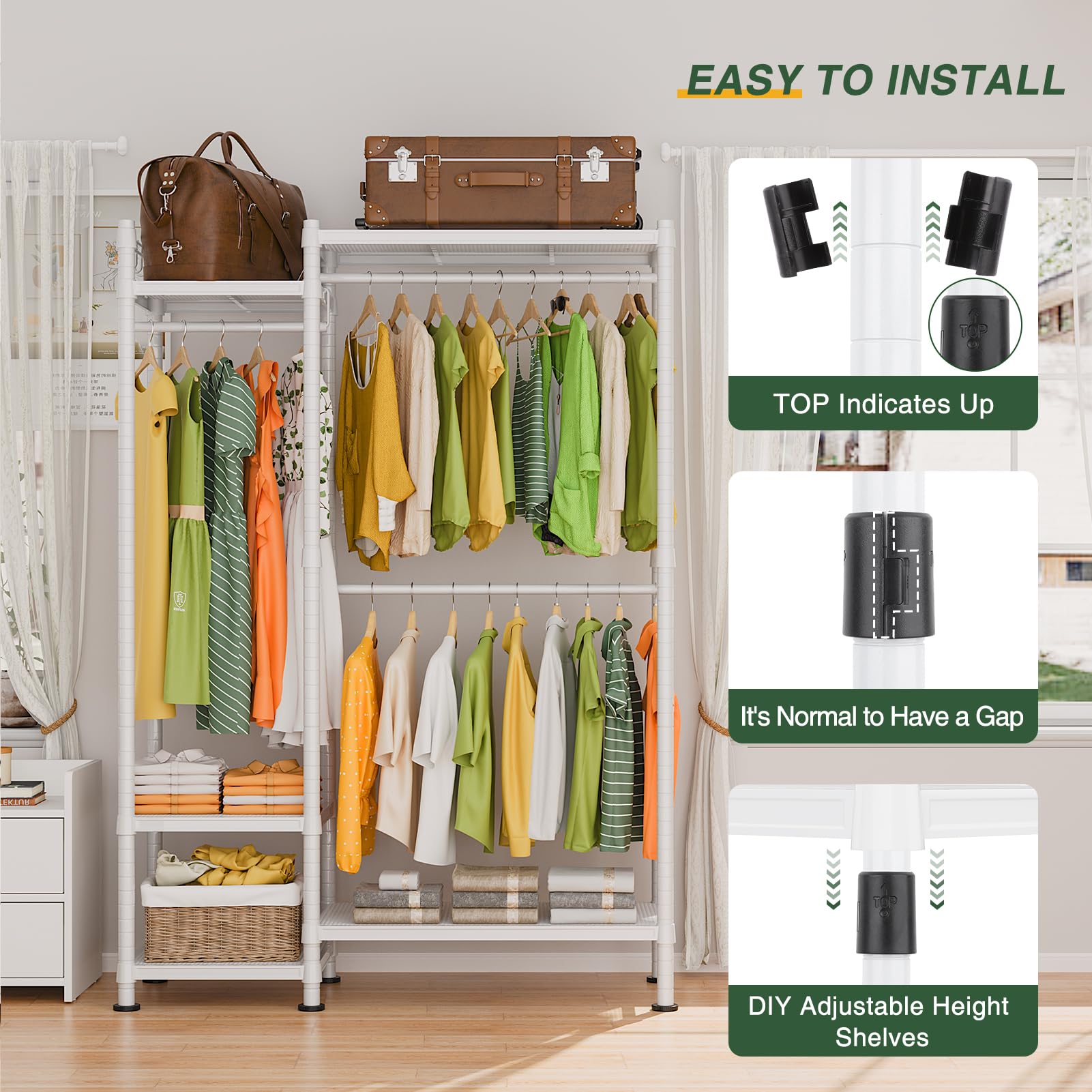 LEHOM G3 Garment Rack Heavy Duty Clothes Rack for Hanging Clothes, Freestanding Portable Wire Clothing Rack with Shelves, Adjustable Wardrobe Closet Rack, DIY Hanging Clothes Racks for Bedroom,White