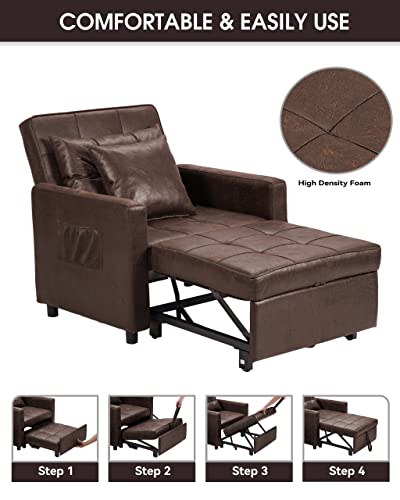 XSPRACER [Updated Convertible Chair Bed, Sleeper Sofa 3 in 1, Stepless Adjustable Backrest,Armchair, Sofa, Bed, PU Imitation, Brown, Single One