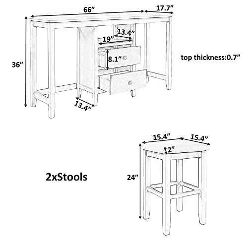 JIVOIT 3-Piece Counter Height Dining Table Set with 2 Storage Drawers and 2 Upholstered Stools, Open Shelve, Farmhouse Rustic Wooden Bar Set Bistro Dining Set (Brown+White with 2 Stools)
