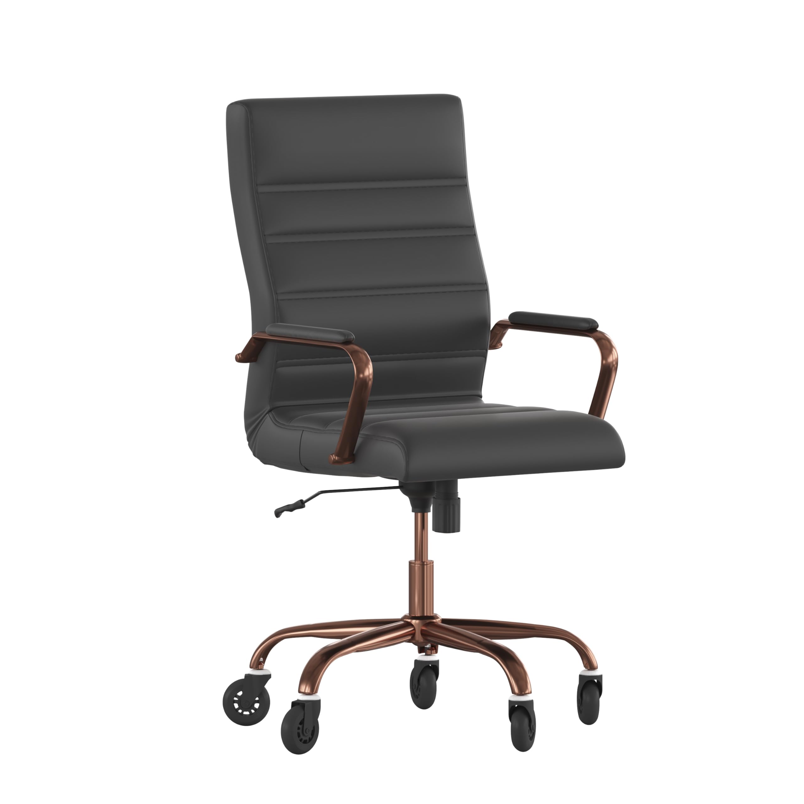 Flash Furniture Whitney High Back Black LeatherSoft Executive Swivel Office Chair with Rose Gold Frame, Arms, and Transparent Roller Wheels