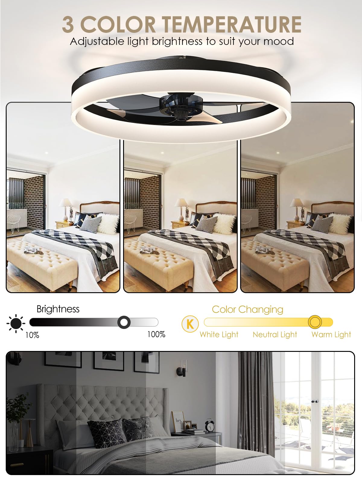 ERYAHRT Low Profile Ceiling Fan with Light Remote Control, Semi Flush Mount Ceiling Fans with 5 Invisible Blades, Dimmable Led Ceiling Fan Reversible Blades Timing, Black