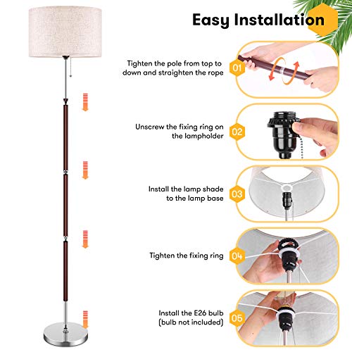 Modern Floor Lamp for Bedroom - Stand Up Reading Lamps for Living Room, Contemporary Office Lighting with Beige Drum Fabric Shade, Farmhouse Pole Lamp, Corner Tall Standing Lamp Kids-Pull Chain