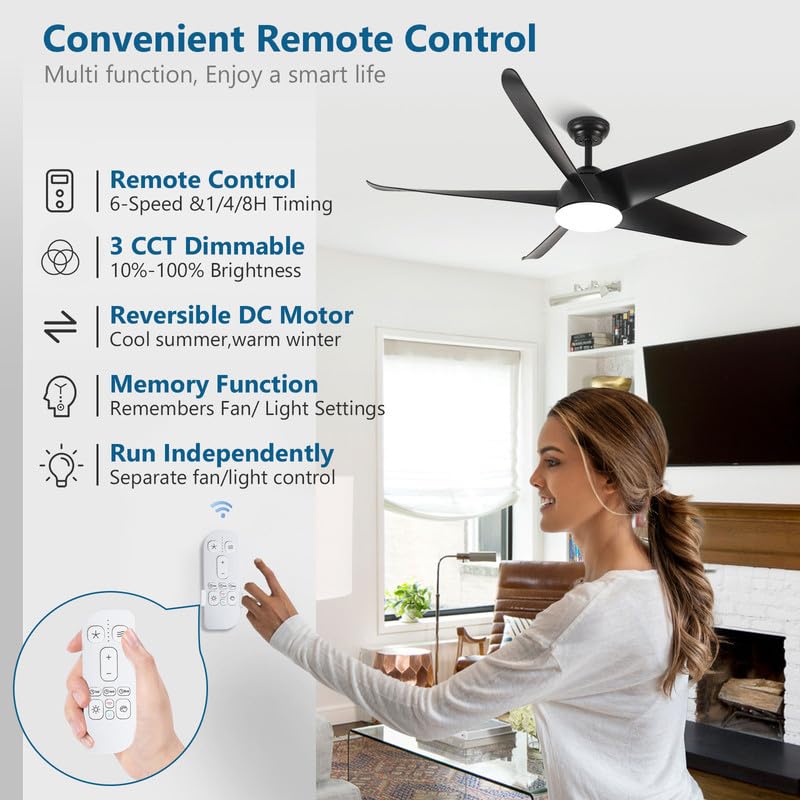 NWIASS 60 Inch Ceiling Fan with Light, Outdoor Ceiling Fan for Patios Waterproof, Black Modern Ceiling Fan with Remote 3 CCT Dimmable Large Airflow, Wet Rated Ceiling Fan for Bedroom Exterior