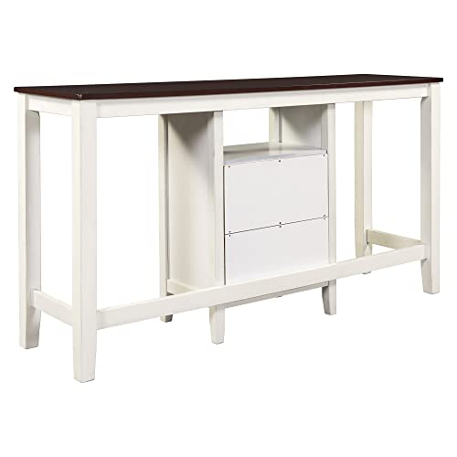 JIVOIT 3-Piece Counter Height Dining Table Set with 2 Storage Drawers and 2 Upholstered Stools, Open Shelve, Farmhouse Rustic Wooden Bar Set Bistro Dining Set (Brown+White with 2 Stools)