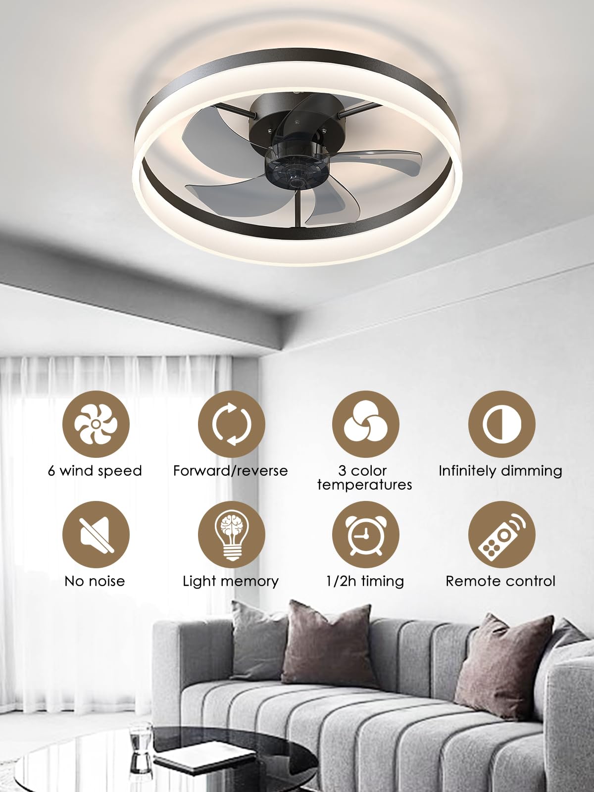 ERYAHRT Low Profile Ceiling Fan with Light Remote Control, Semi Flush Mount Ceiling Fans with 5 Invisible Blades, Dimmable Led Ceiling Fan Reversible Blades Timing, Black