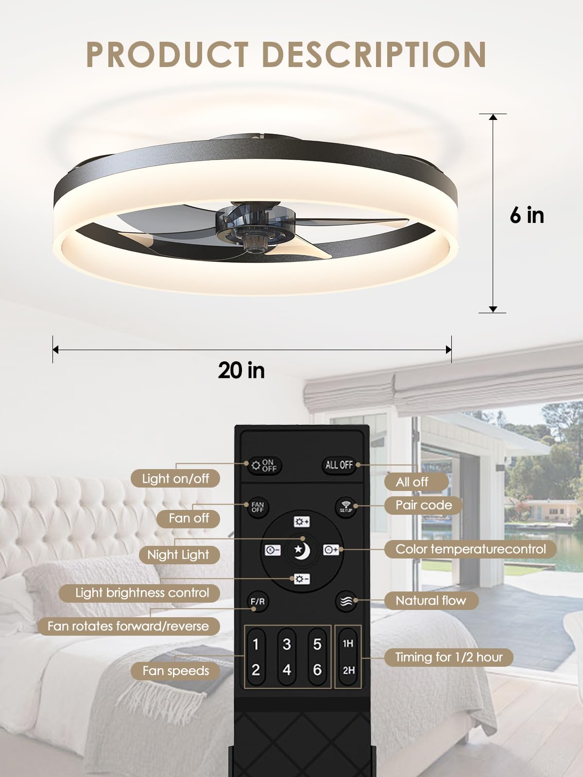 ERYAHRT Low Profile Ceiling Fan with Light Remote Control, Semi Flush Mount Ceiling Fans with 5 Invisible Blades, Dimmable Led Ceiling Fan Reversible Blades Timing, Black