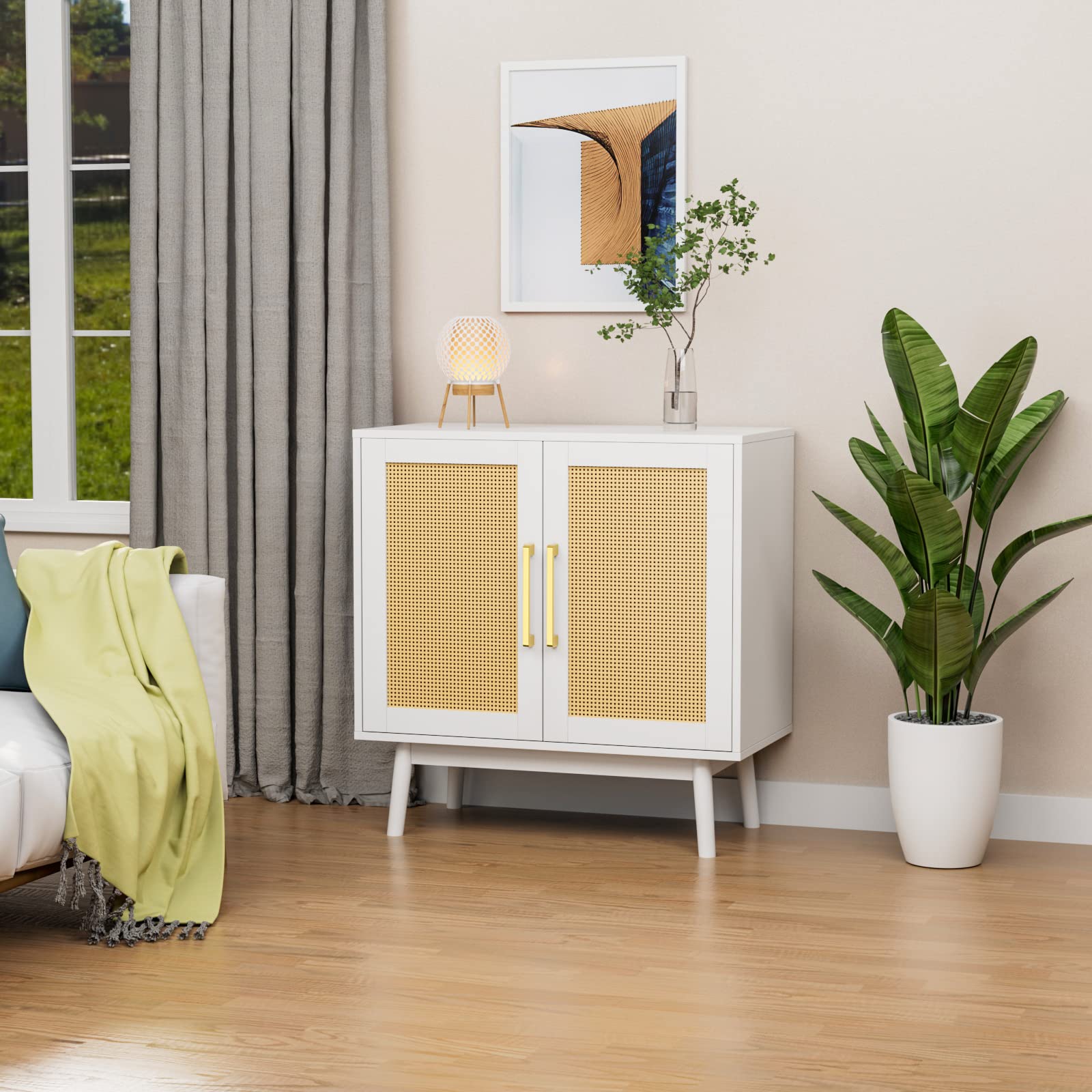 LYNSOM Sideboard Buffet Cabinet with Storage, Kitchen Buffet Cabinet with Rattan Doors and Adjustable Shelf, Small Storage Cabinet with Solid Wood Feetfor Hallway, Entry, Living Room, White