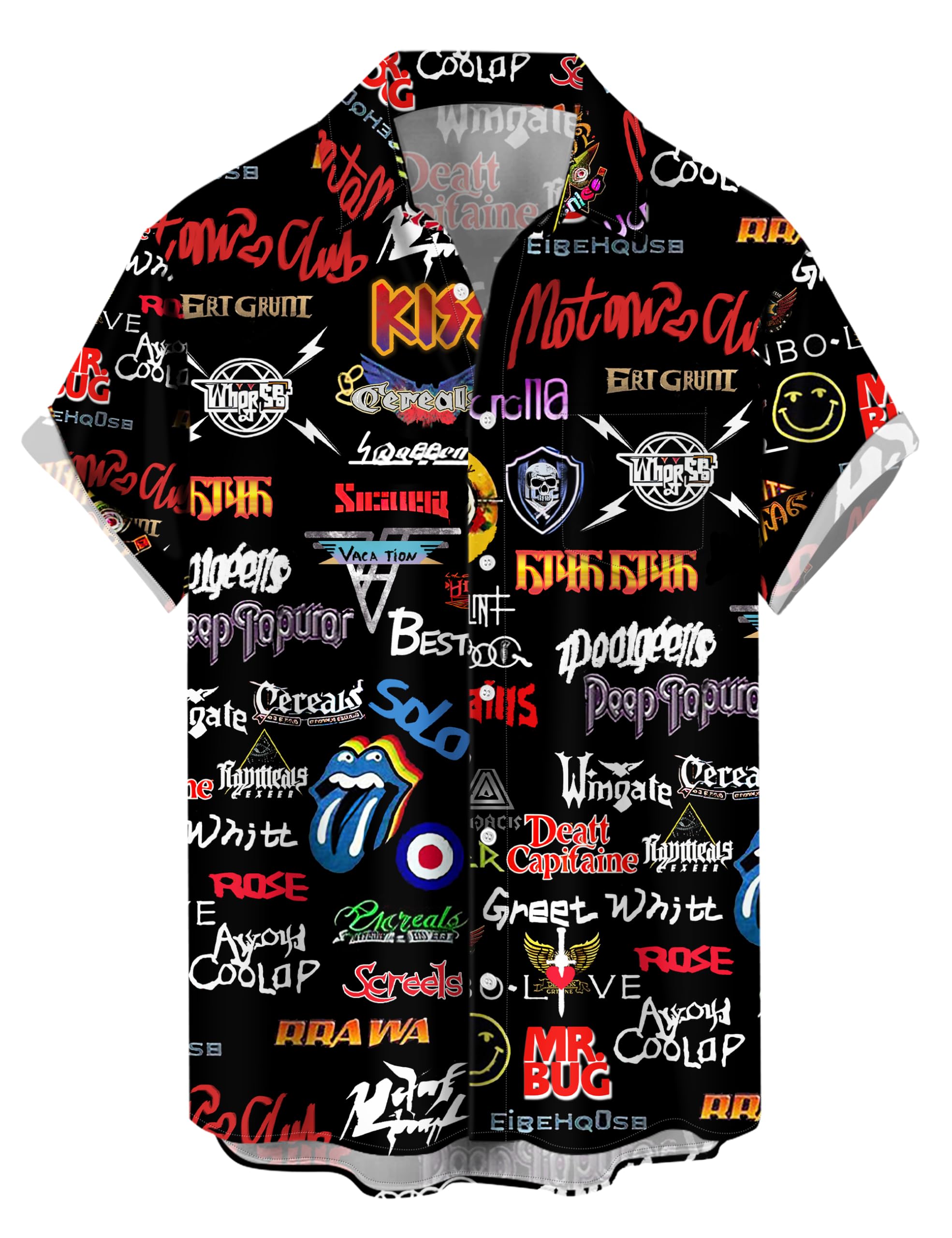 Bhlounplo Button Down Shirt Men Rock and Roll Punk Print Pocket Lapel Hawaiian Casual Loose Short Sleeve Shirt-Black-2-XXXL