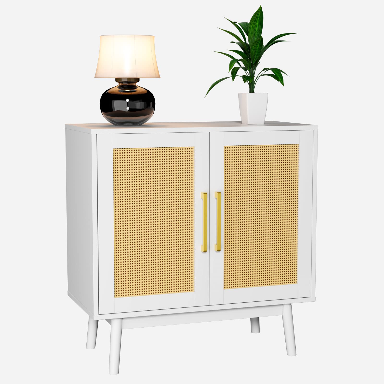 LYNSOM Sideboard Buffet Cabinet with Storage, Kitchen Buffet Cabinet with Rattan Doors and Adjustable Shelf, Small Storage Cabinet with Solid Wood Feetfor Hallway, Entry, Living Room, White